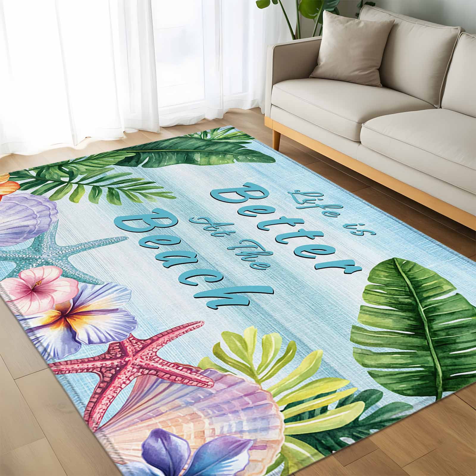 Area Rug 60×96in, Ocean Beach Shells Starfish Floor Carpet Living Room ...