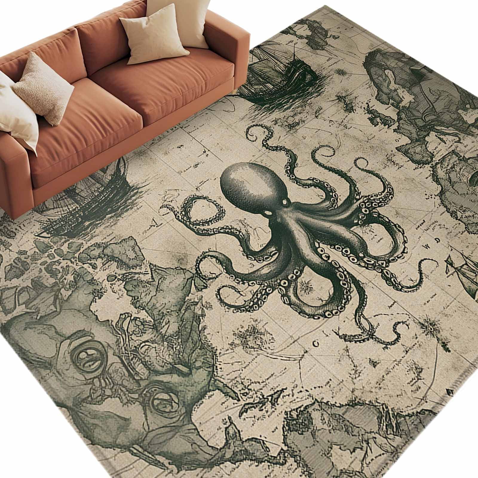 Area Rug 60×96in, Ocean Octopus Vintage Maps Floor Carpet Living Room ...