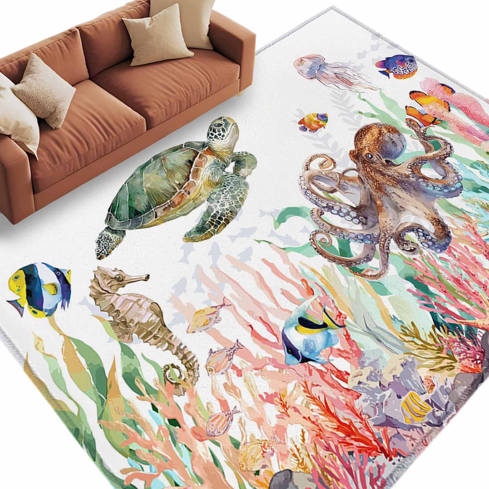 Area Rug 60×96in, Octopus Turtle Jellyfish Coral Floor Carpet Living ...