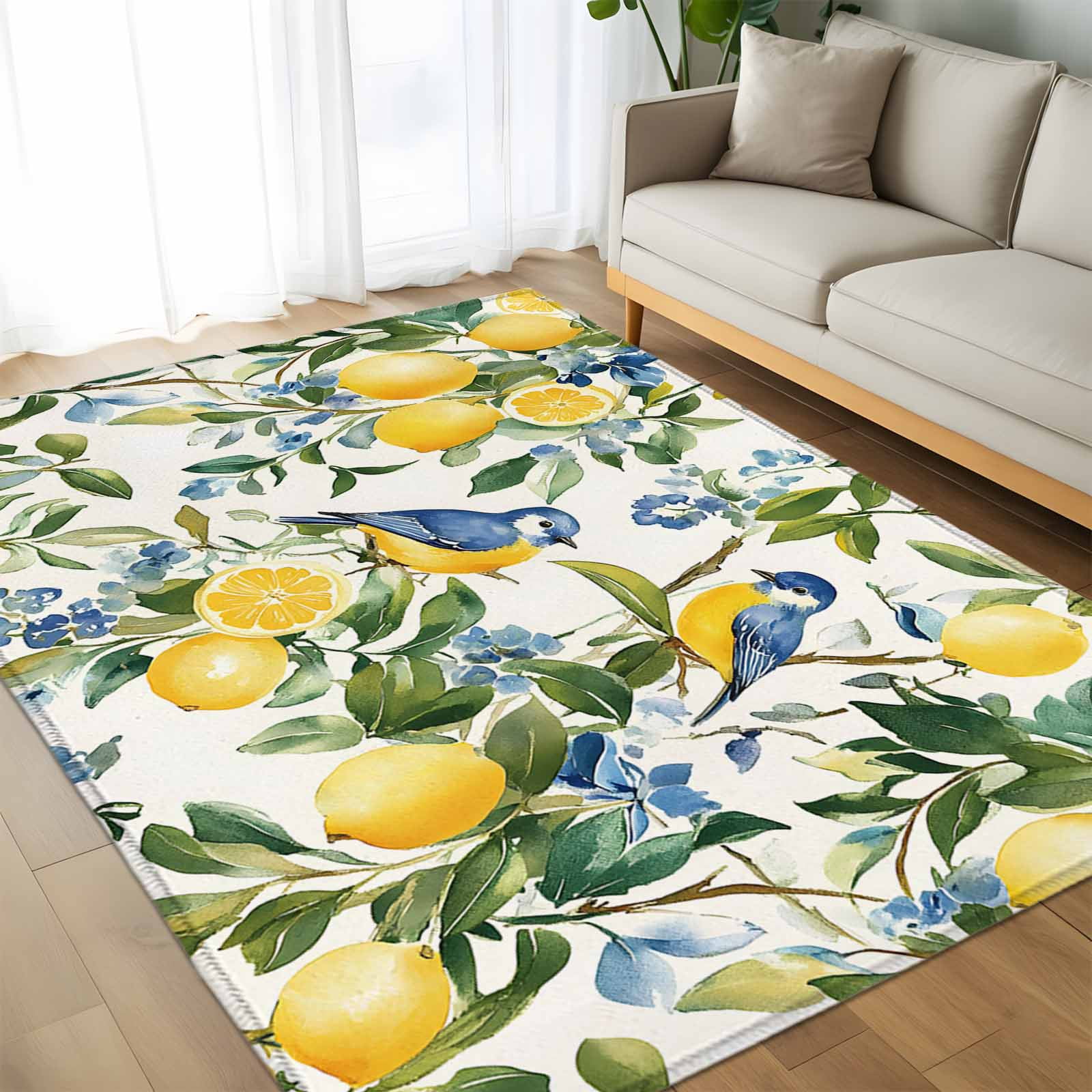 Area Rug 60×96in, Pastoral Vintage Lemon Blue Bird Floor Carpet Living ...