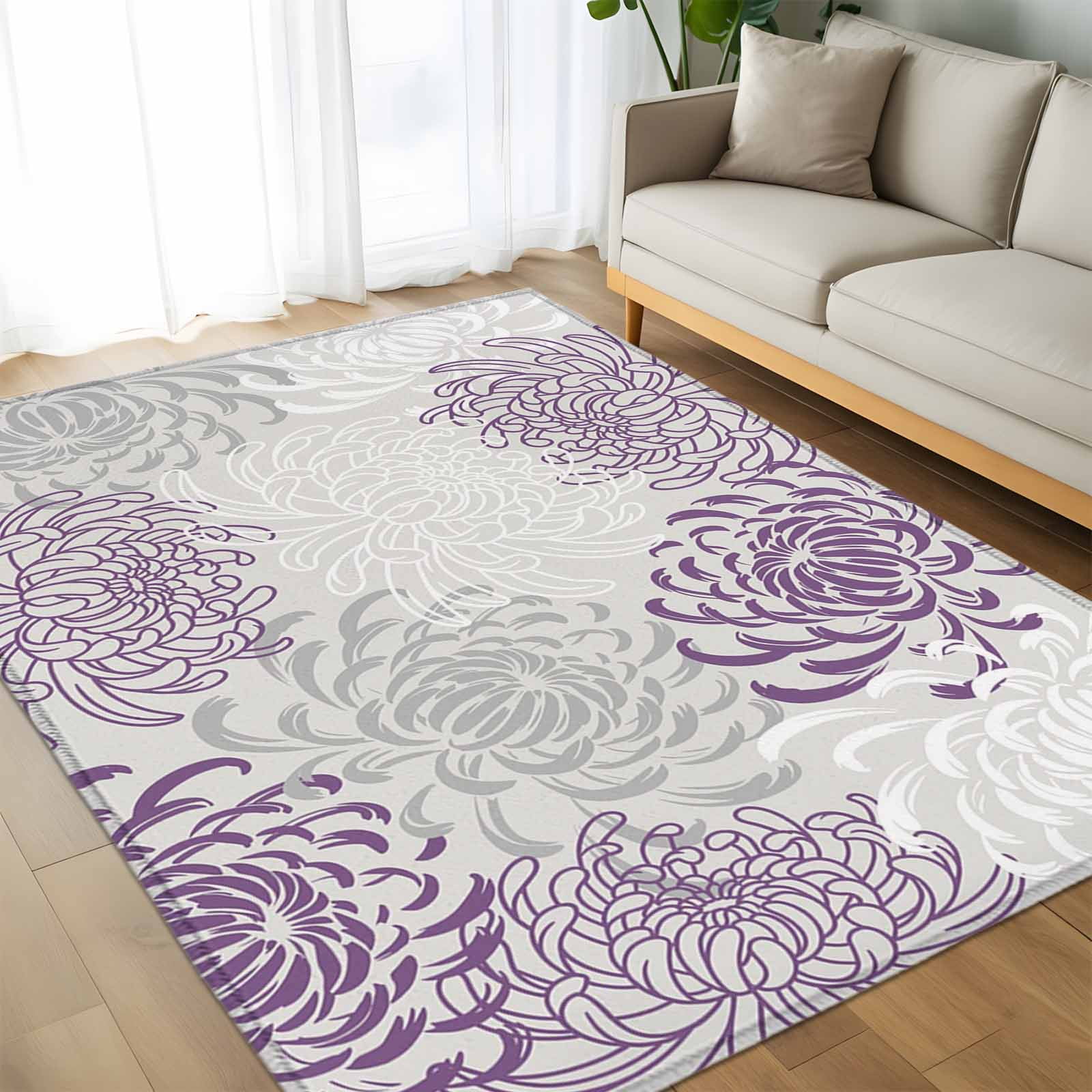 Area Rug 60×96in, Purple Flower Chrysanthemum Floor Carpet Living Room ...