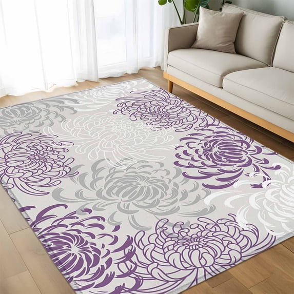 Area Rug 60×96in, Purple Flower Chrysanthemum Floor Carpet Living Room ...