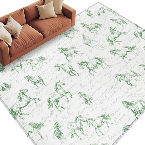 Area Rug 60×96in, Retro Green Horse Animal on White Floor Carpet Living ...