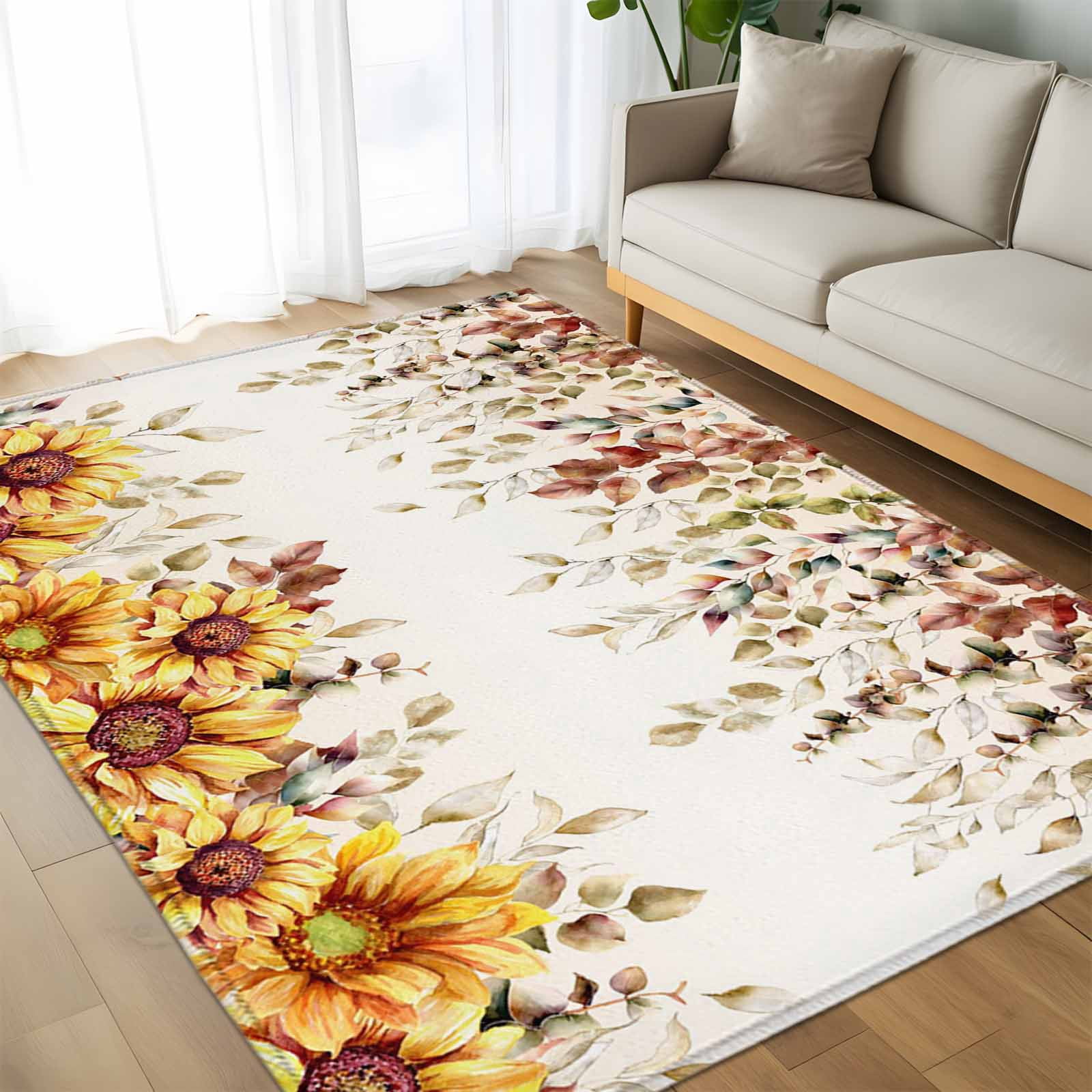Area Rug 60×96in, Rural Autumn Vintage Leaves Sunflower Floor Carpet ...