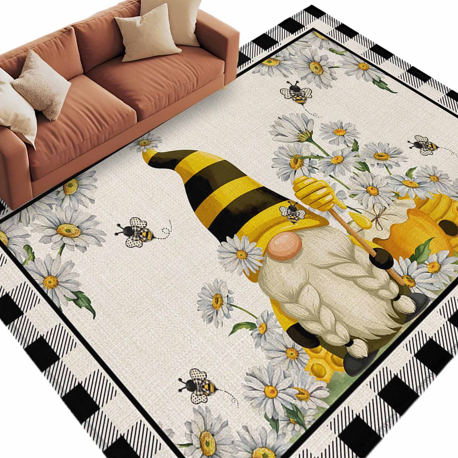 Area Rug 60×96in, Spring Yellow Black Stripes Hat Dwarf White Daisy ...