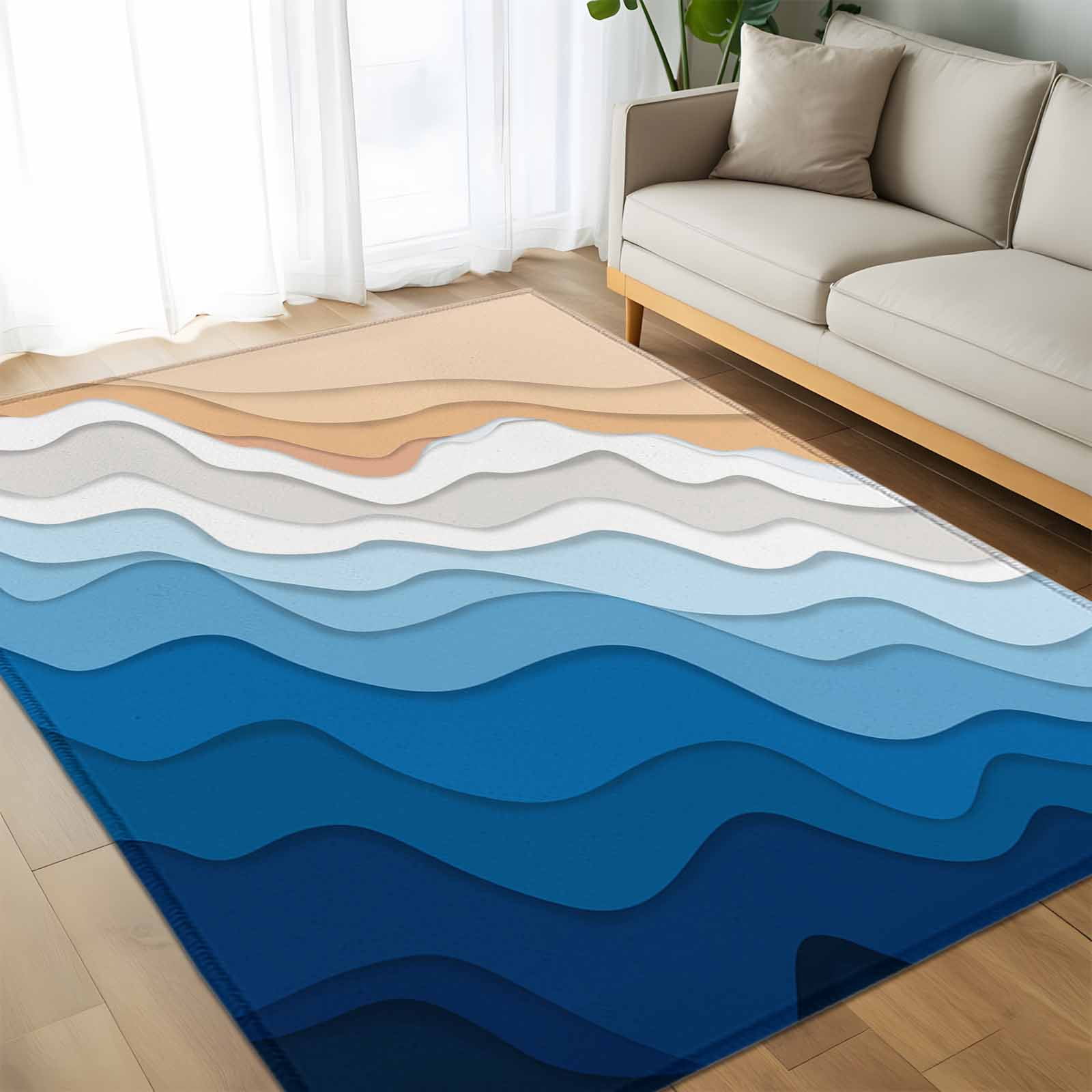 Area Rug 60×96in, Summer Beach Blue Gradient Water Ripple Floor Carpet Living Room Rug, Seaside ...