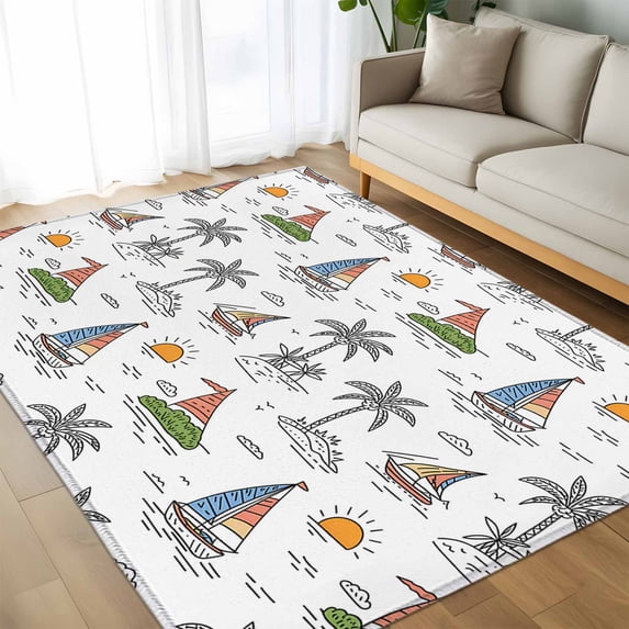 Area Rug 60×96in, Summer Coconut Tree Sailboat Floor Carpet Living Room ...