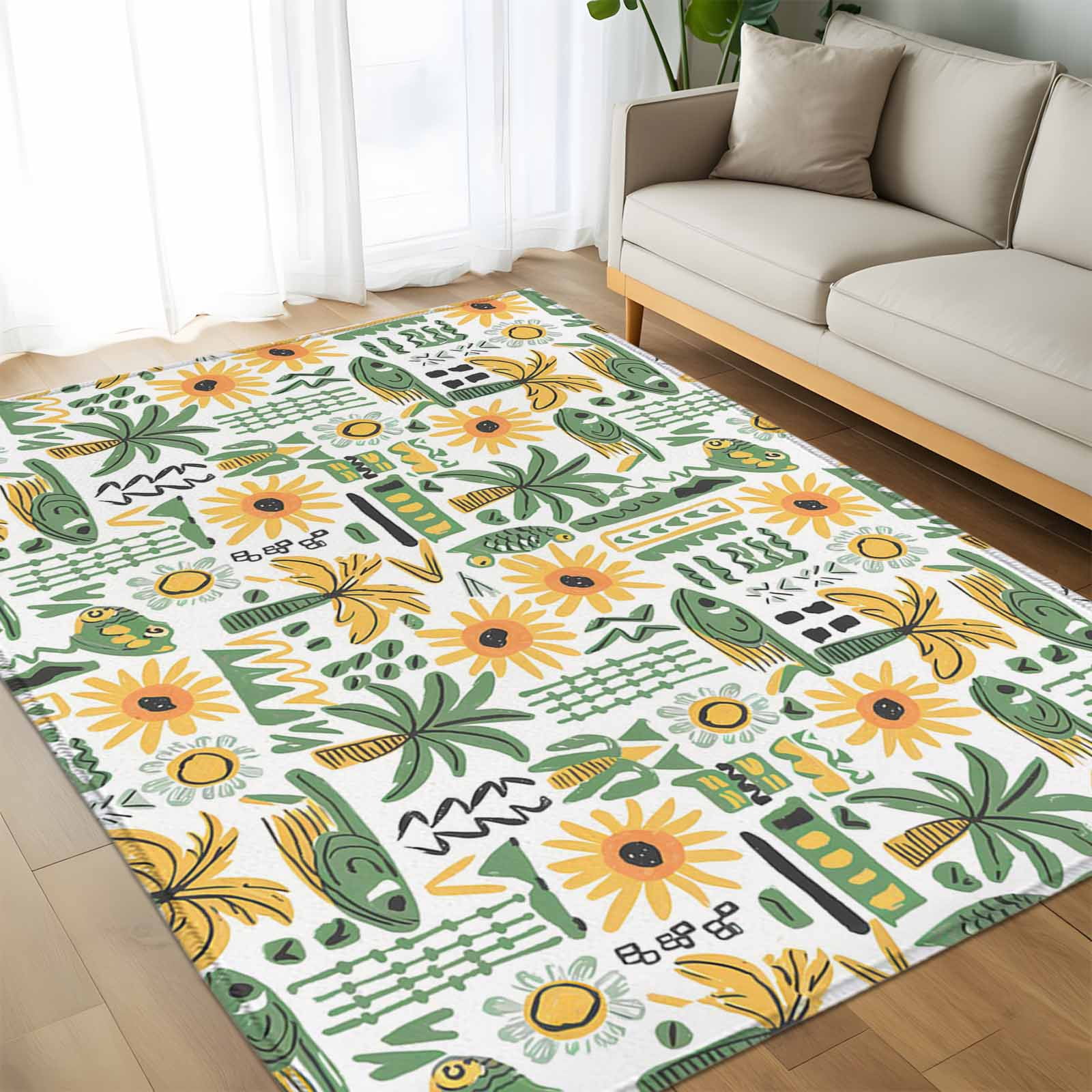 Area Rug 60×96in, Summer Green Tree Sunflower Fish Floor Carpet Living ...