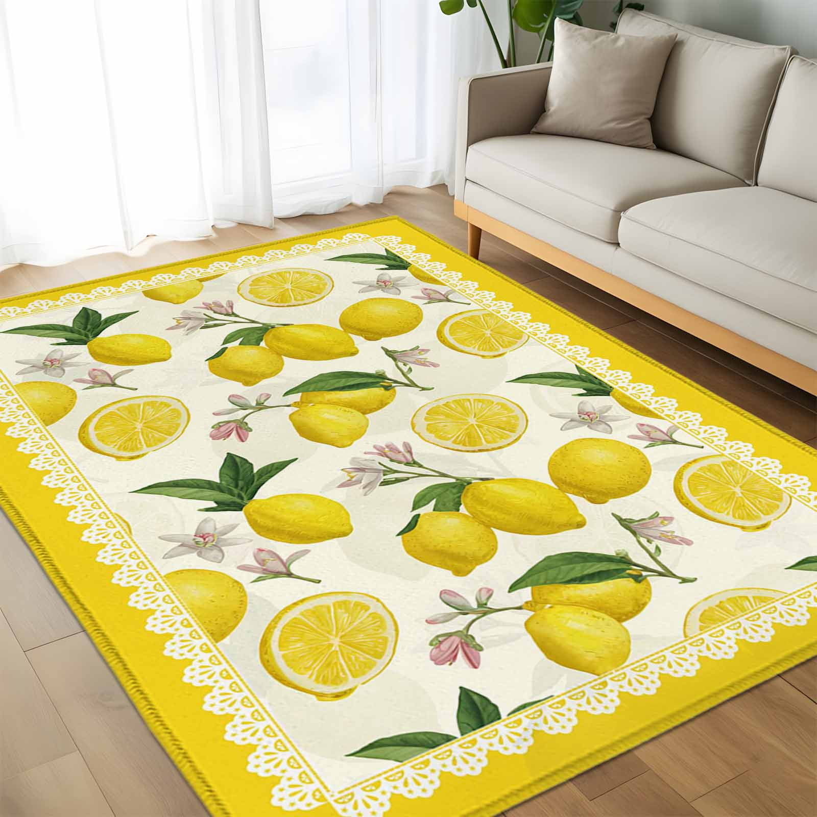 Area Rug 60×96in, Summer Lemon Flower Green Leaves Floor Carpet Living ...