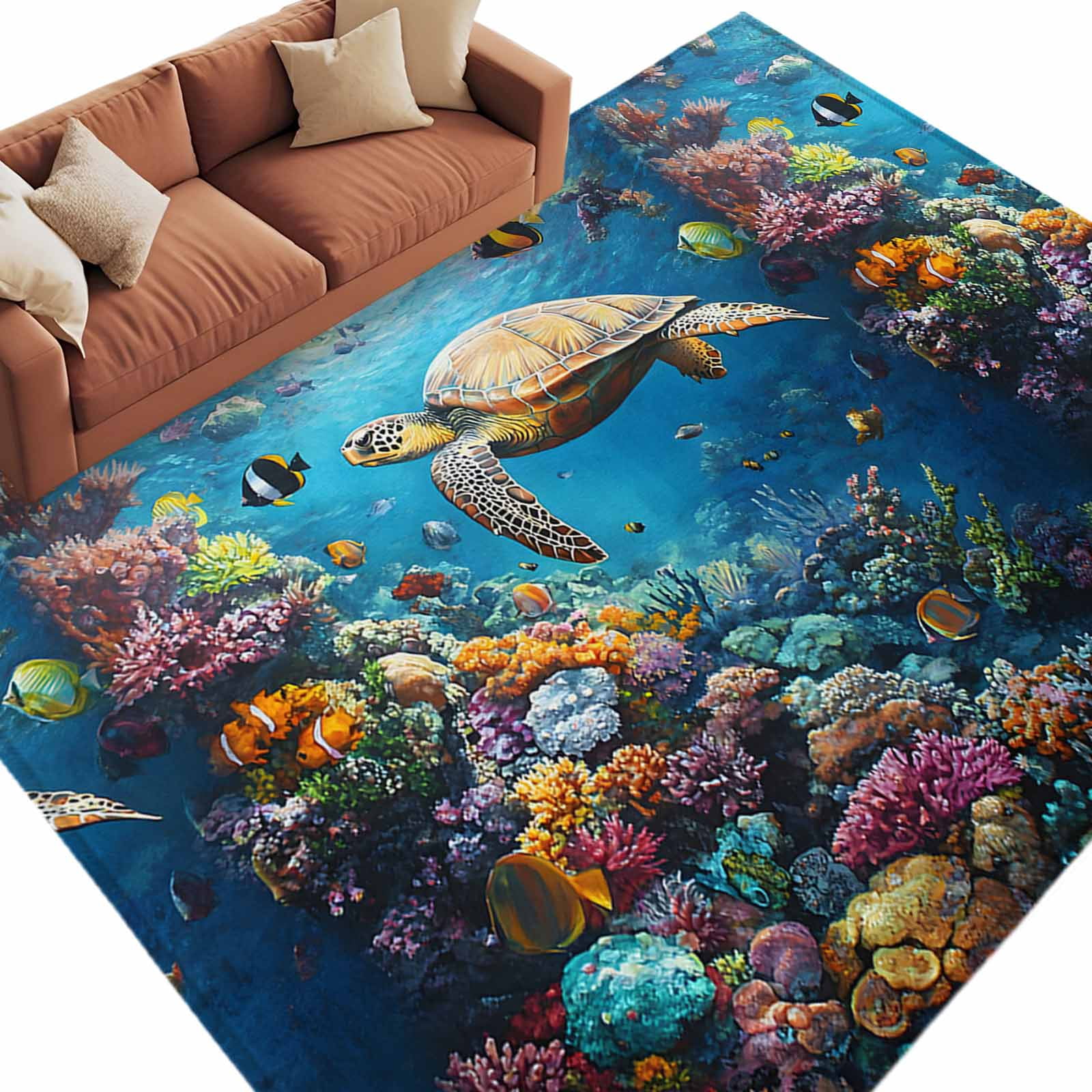 Area Rug 60×96in, Summer Sea Turtle Ocean Coral Fish Floor Carpet ...