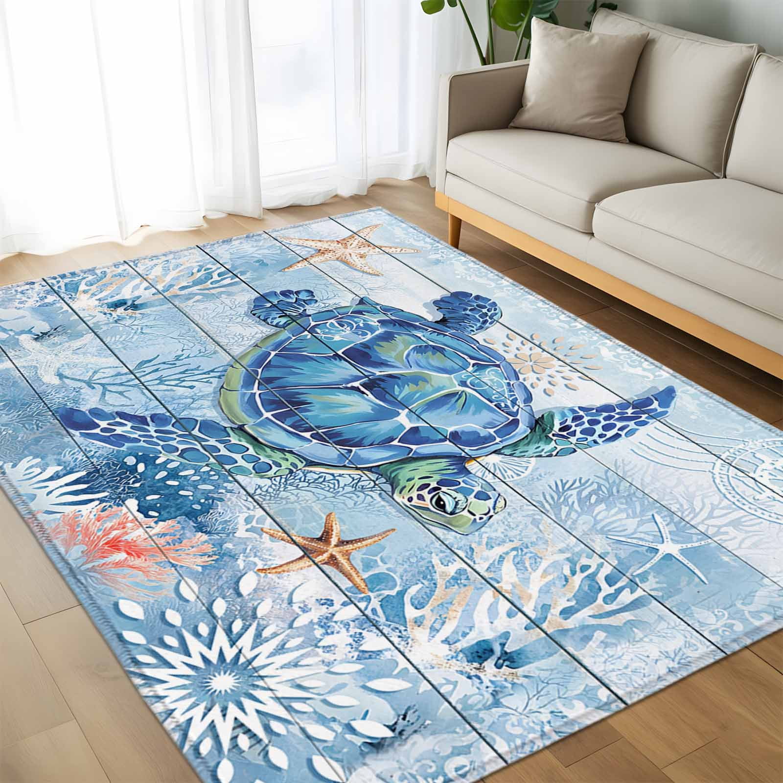 Area Rug 60×96in, Summer Sea Turtle Ocean Coral Starfish Floor Carpet ...