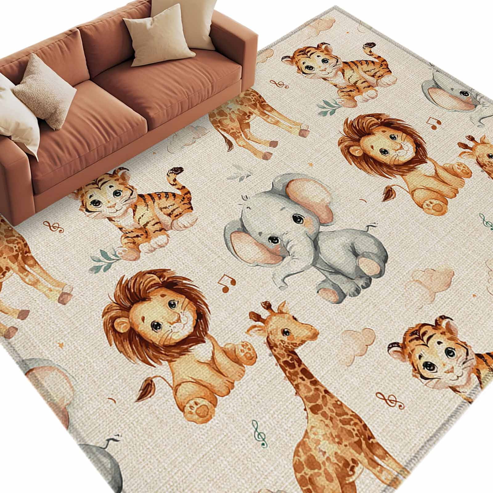 Area Rug 60×96in, Vintage Cartoons Animals Lions Giraffes Floor Carpet ...