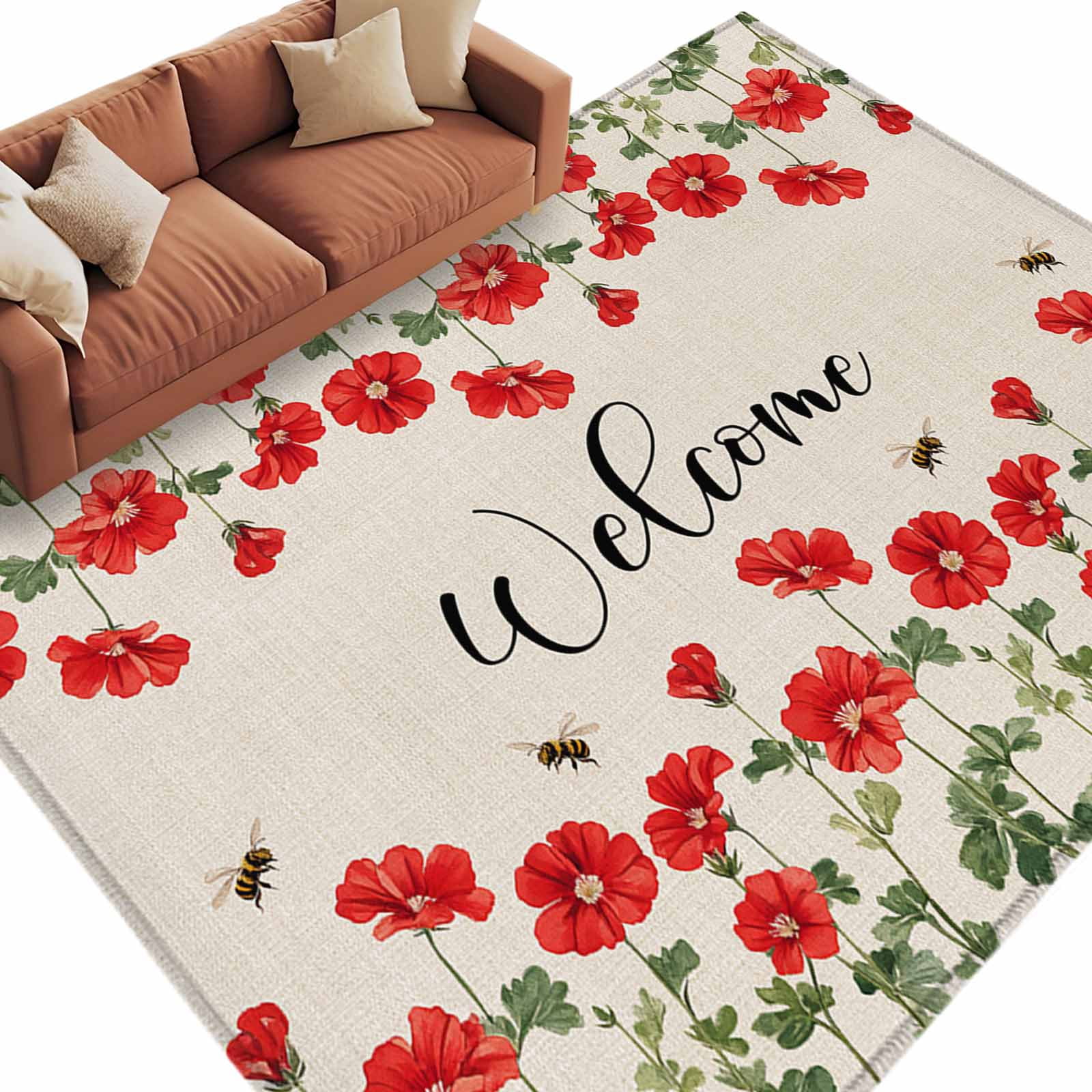 Area Rug 60×96in, Vintage Red Flower Leaves Bees Floor Carpet Living ...