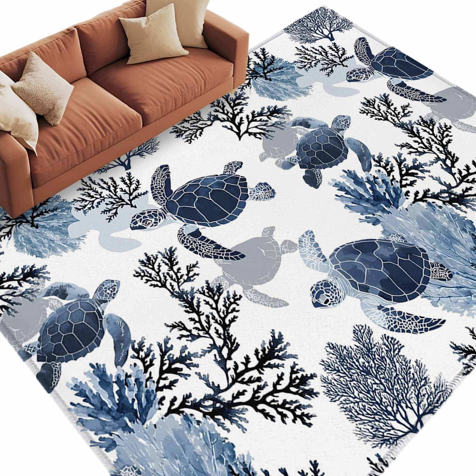 Area Rug 60×96in, Vintage Sea Turtles Coral Plant Floor Carpet Living ...