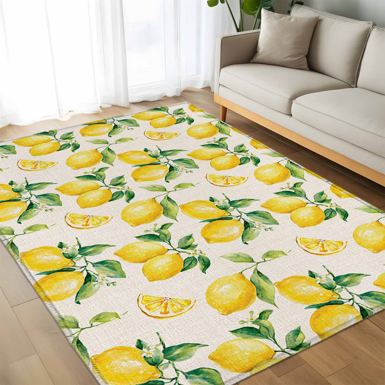Area Rug 60×96in, Watercolor Lemon Green Leaves Floor Carpet Living ...