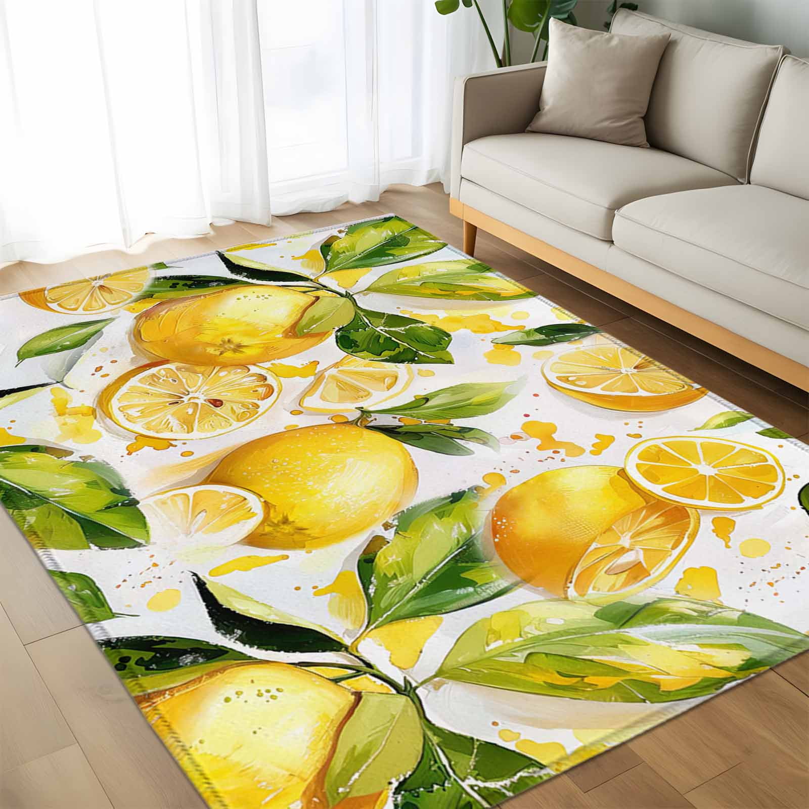 Area Rug 60×96in, Watercolor Lemon Green Leaves Seamless Floor Carpet ...
