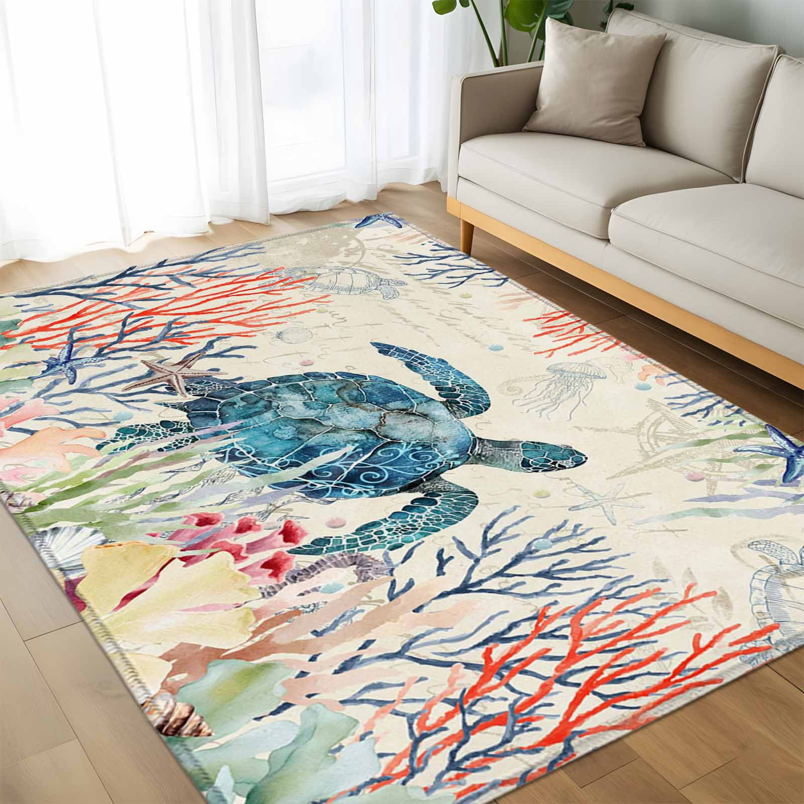 Area Rug 60×96in, Watercolor Marine Sea Turtle Floor Carpet Living Room ...