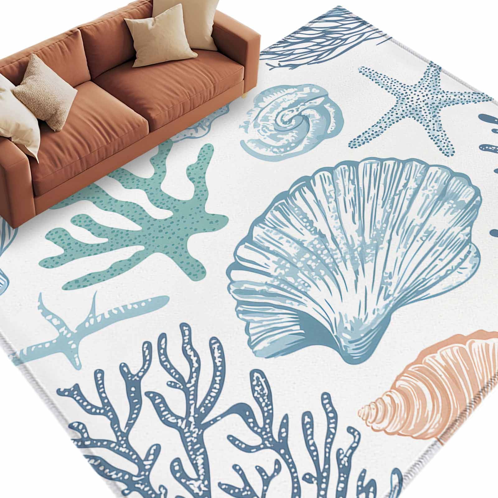 Area Rug 60×96in, Watercolor Marine Shell Starfish Floor Carpet Living ...