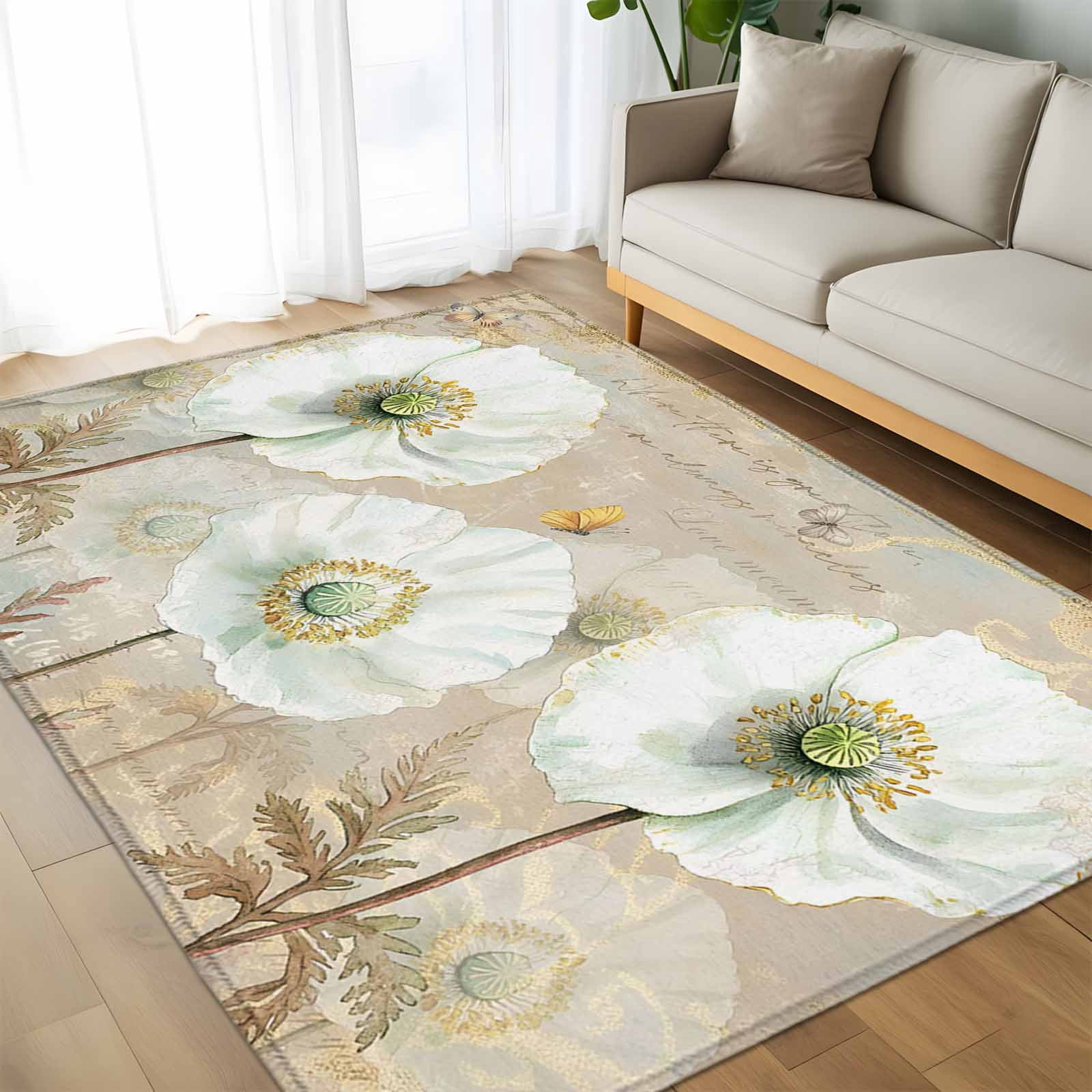 Area Rug 60×96in, Watercolor Peony Country Herb Floor Carpet Living ...
