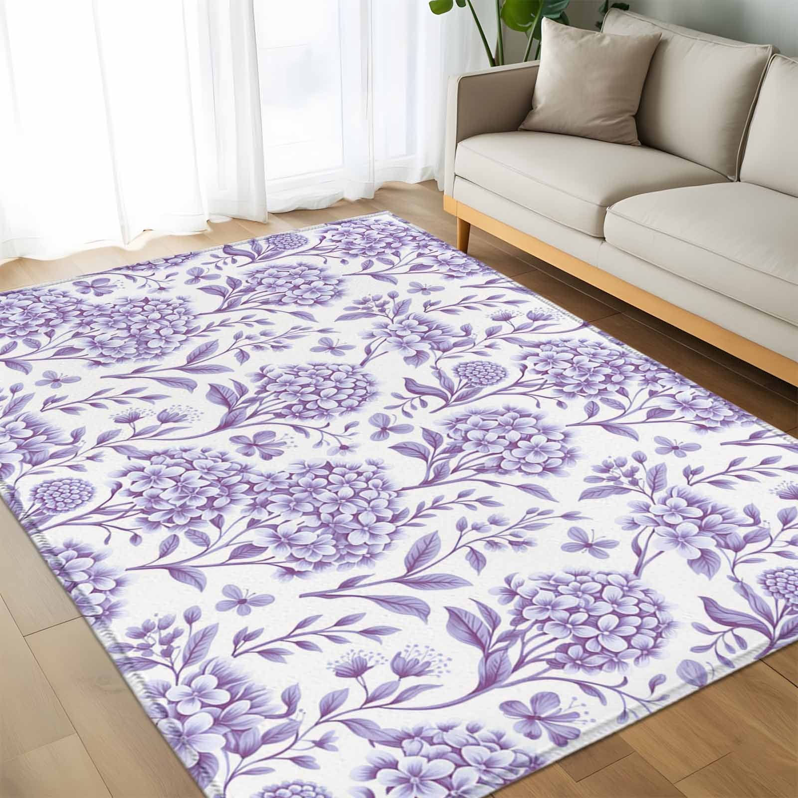 Area Rug 60×96in, Watercolor Purple Hydrangeas Flower Floor Carpet ...