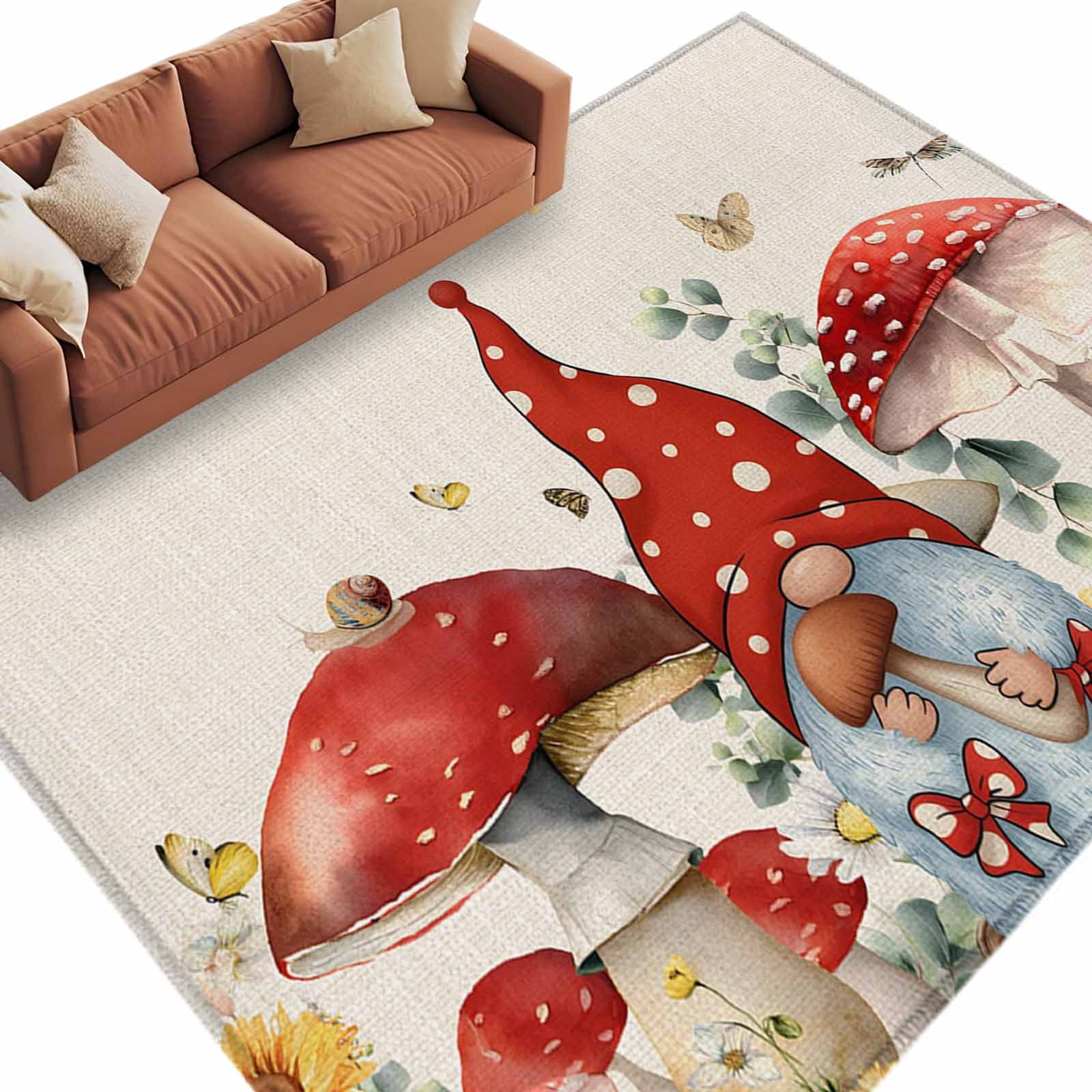 Area Rug 60×96in, Watercolor Red Mushrooms Dwarf on Linen Floor Carpet ...