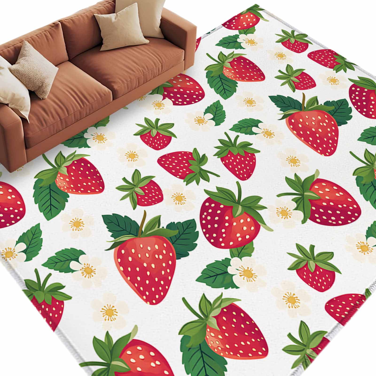 Area Rug 60×96in, Watercolor Summer Strawberry Leaves Floor Carpet ...