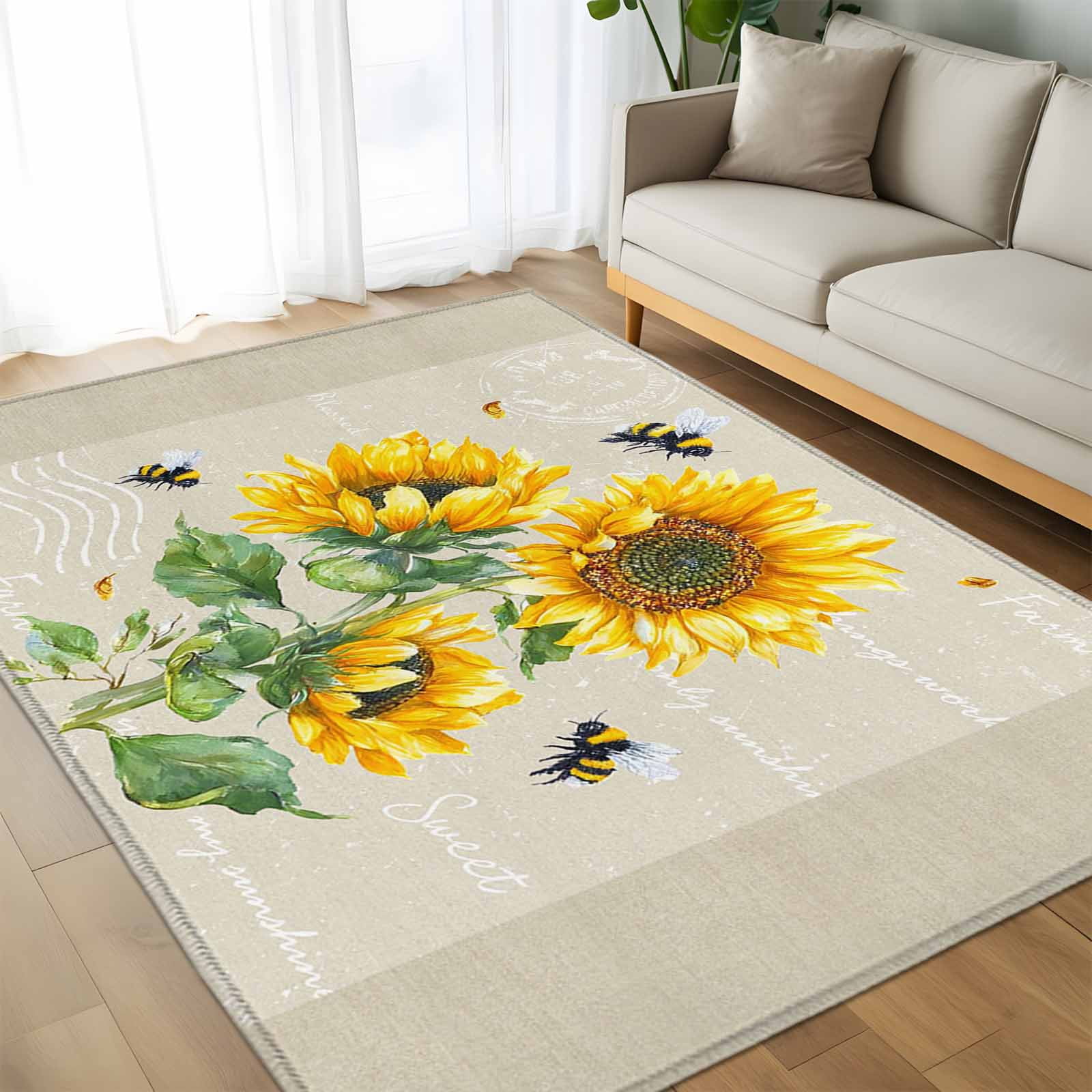 Area Rug 60×96in, Watercolor Sunflower Green Leaves Bee Floor Carpet ...