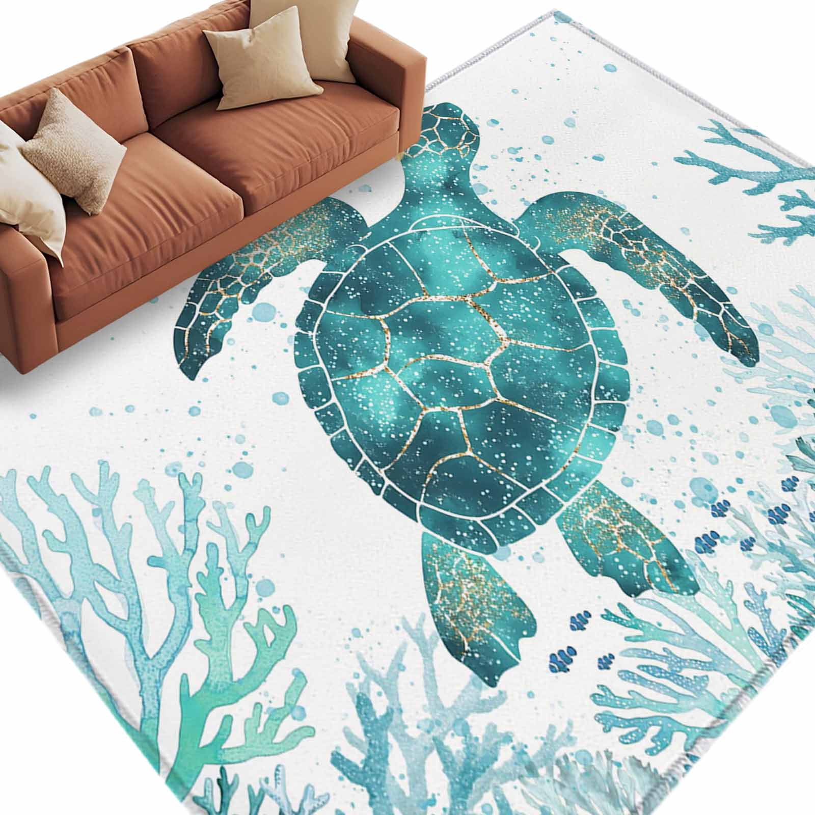 Area Rug 60×96in, Watercolor Teal Sea Turtle Coral Floor Carpet Living ...