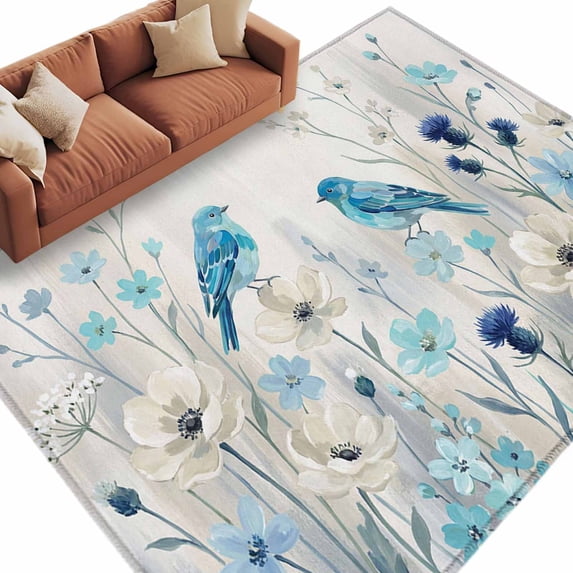 Area Rug 60×96in, Watercolor White Blue Flower Bird Floor Carpet Living ...
