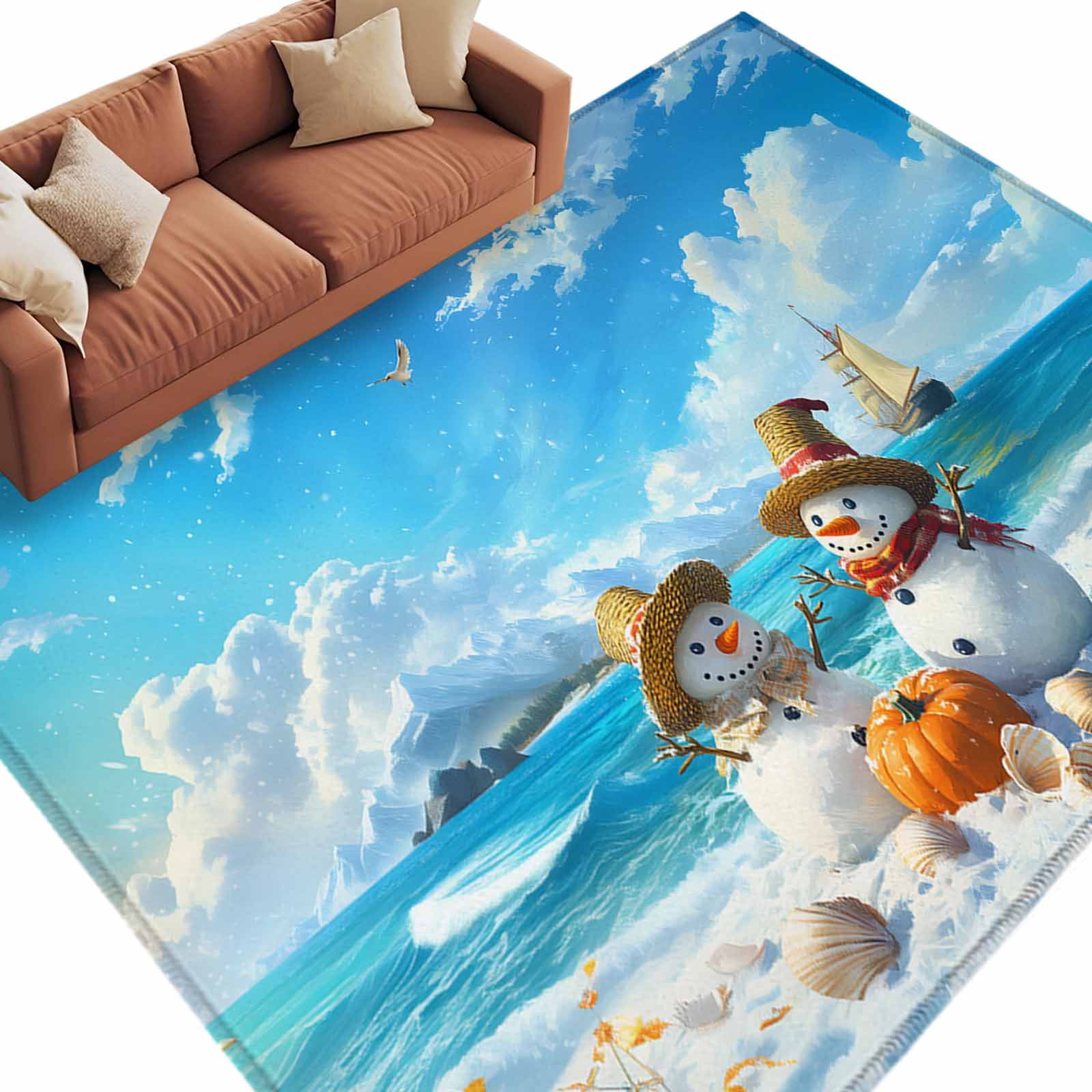 Area Rug 60×96in, Xmas Snowman Pumpkin Beach Shells Floor Carpet Living ...
