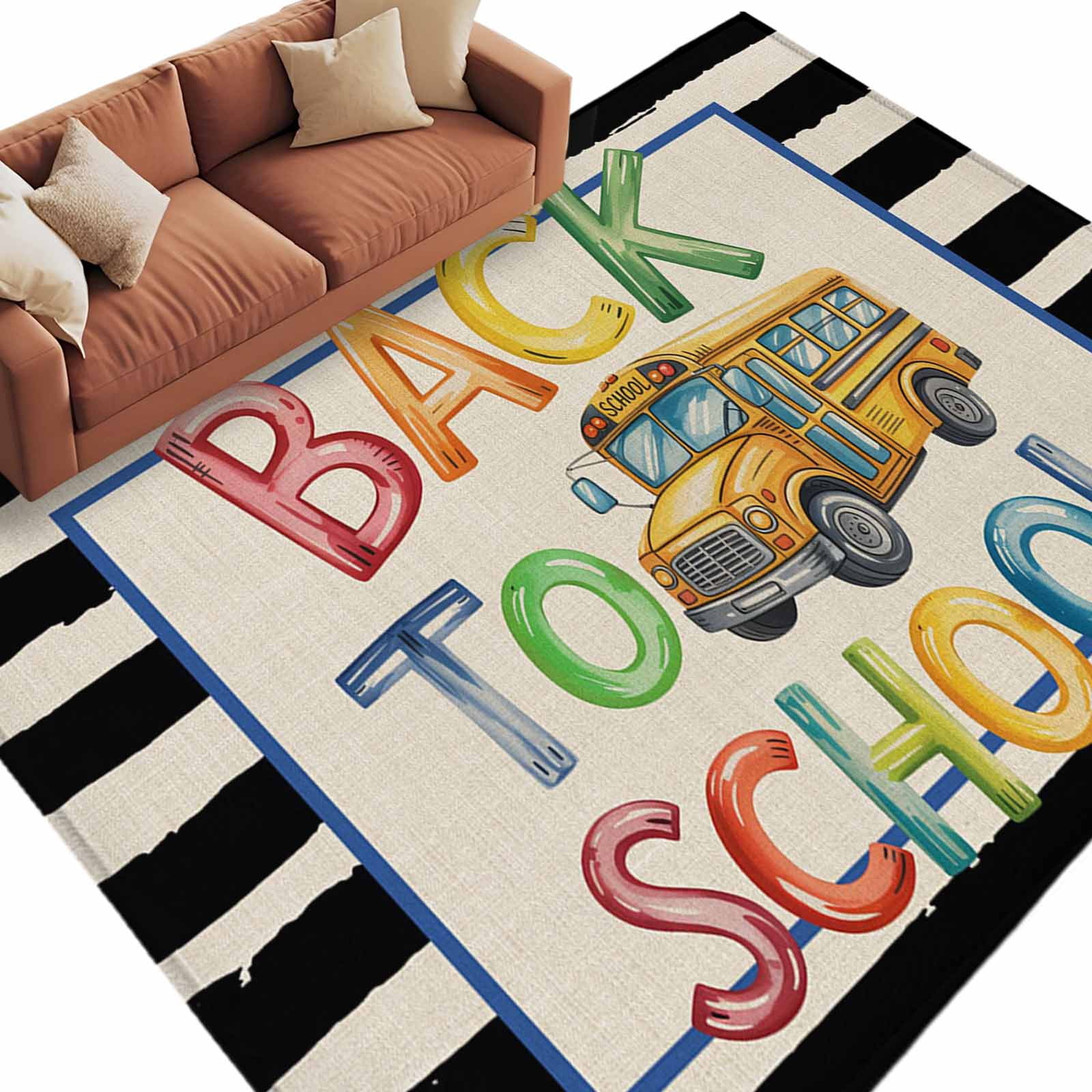 Area Rug 60×96in, Yellow School Bus Black Stripe Linen Floor Carpet ...