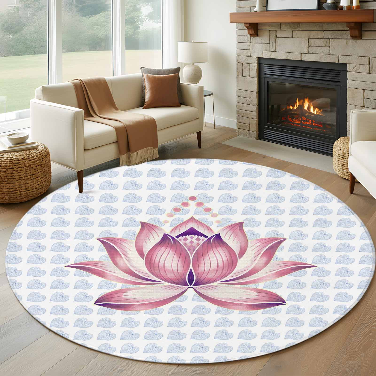Area Rug 60in, Boho Pink Lotus Flower Blue Leaves Floor Carpet Living ...