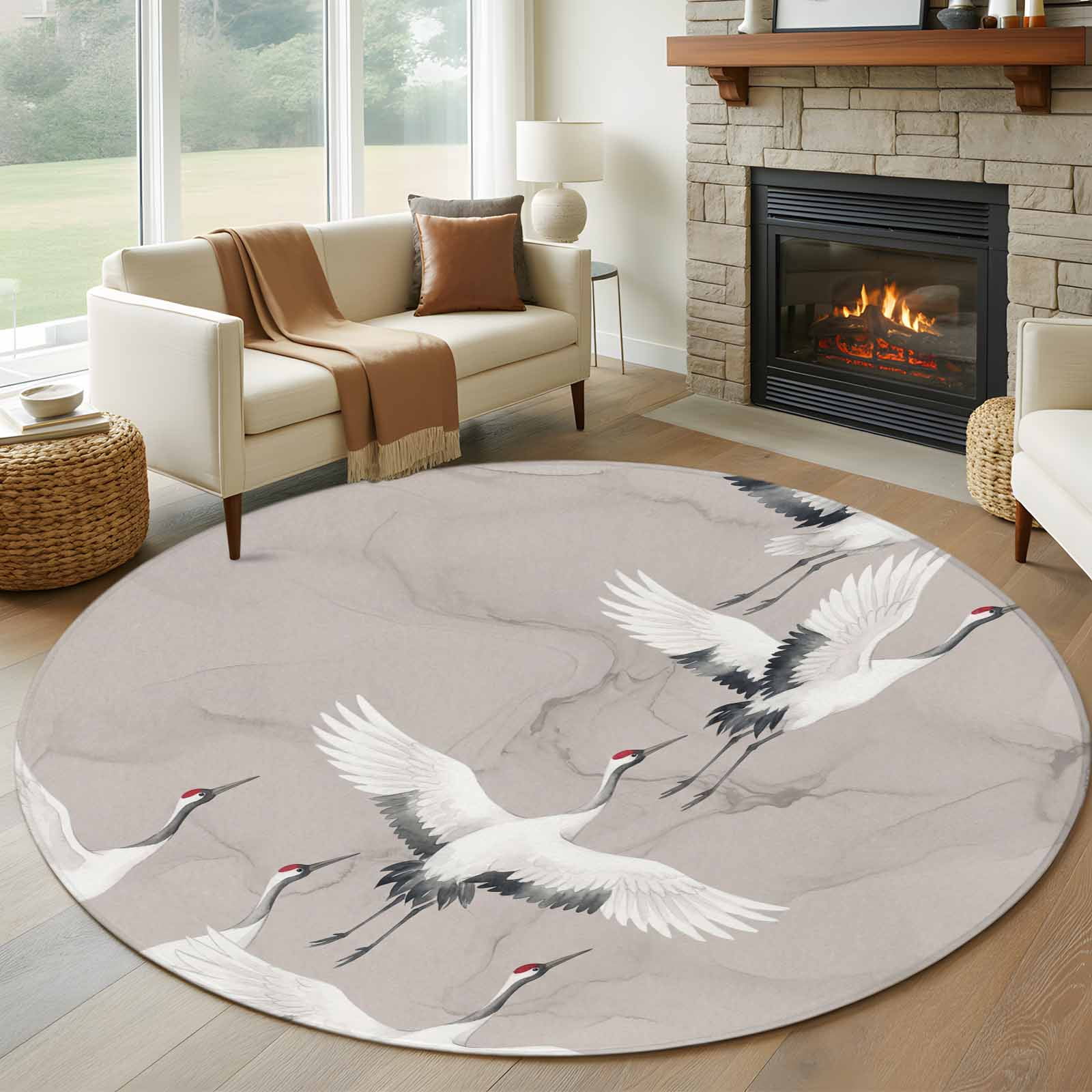 Area Rug 60in, Chinoiserie Watercolor Flying Crane Floor Carpet Living ...