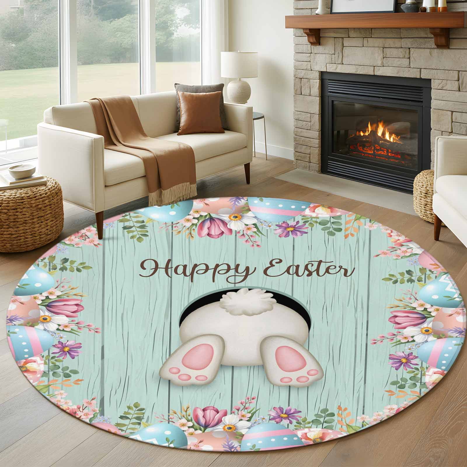 Area Rug 60in, Farm Easter Bunny Eggs Floor Carpet Living Room Rug ...