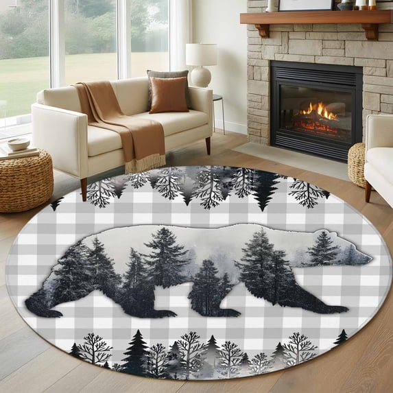 Area Rug 60in, Forest Tree Bear Silhouette Floor Carpet Living Room Rug ...