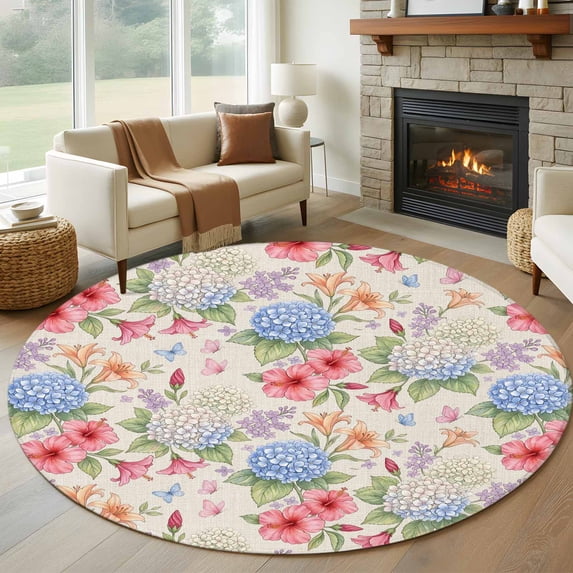 Area Rug 60in, Pastoral Flower Butterfly Retro Linen Floor Carpet ...