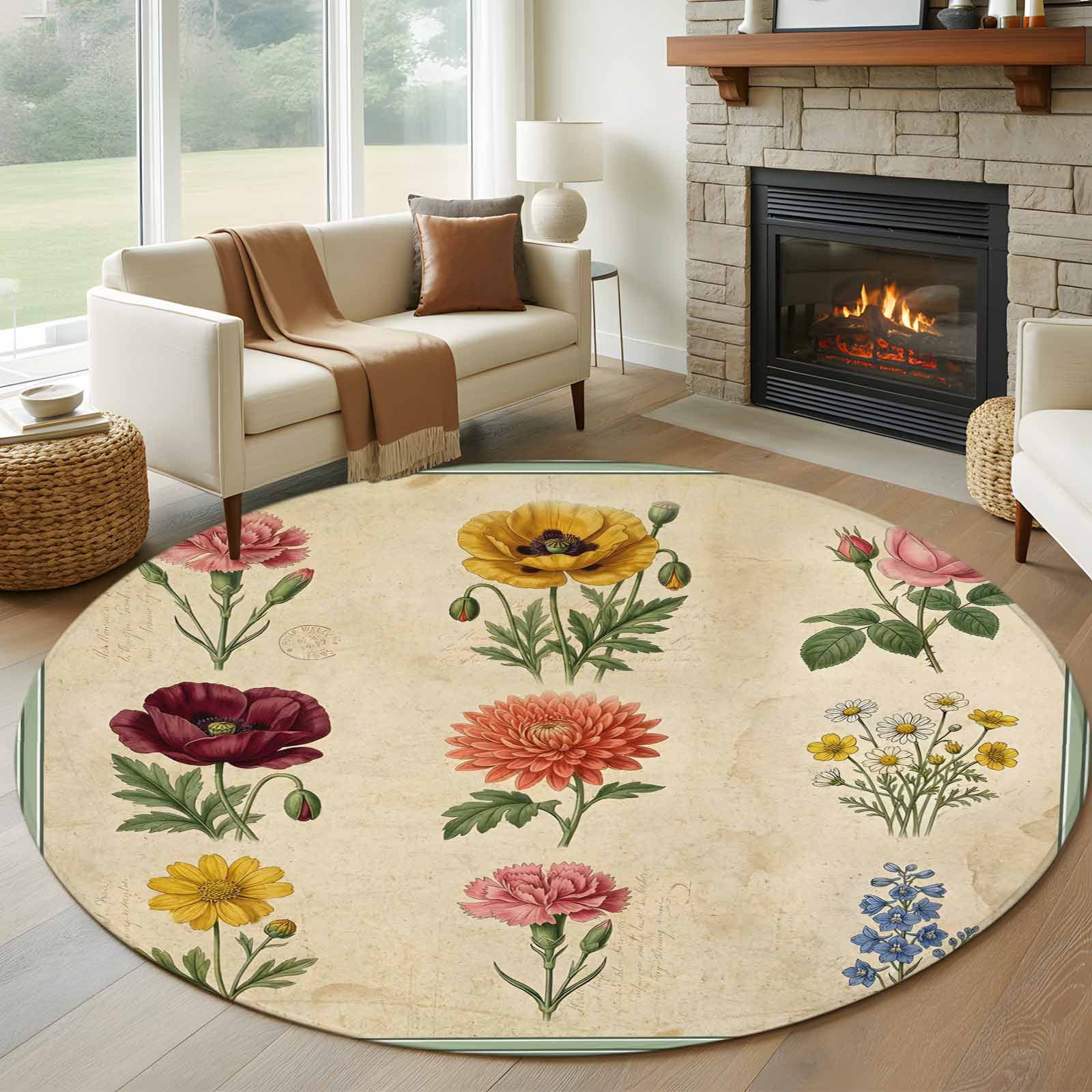 Area Rug 60in, Retro Botanical Illustrations Floor Carpet Living Room ...
