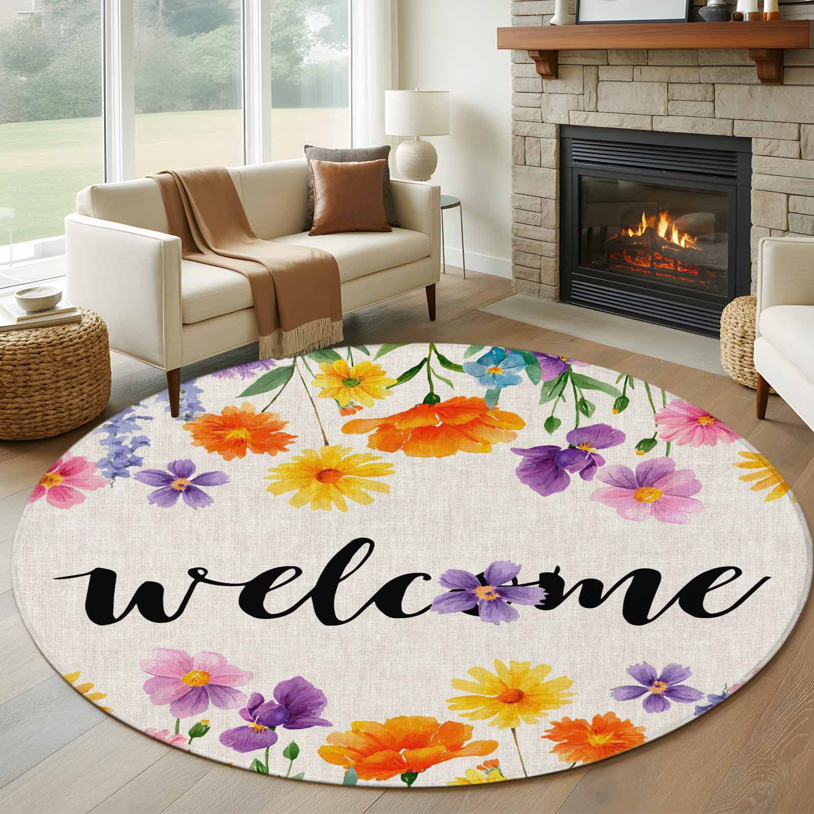 Area Rug 60in, Rustic Colorful Flower Retro Linen Floor Carpet Living ...
