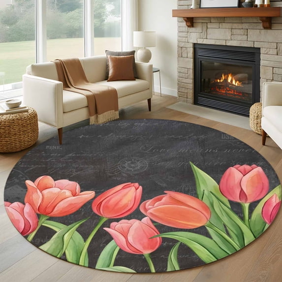 Area Rug 60in, Spring Tulips Pastoral Floral Floor Carpet Living Room ...