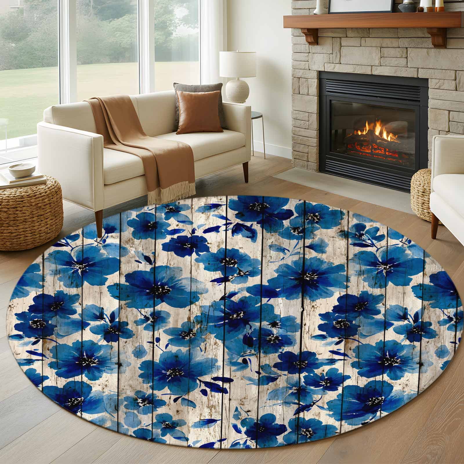Area Rug 60in, Spring Watercolor Blue Flower Floor Carpet Living Room ...