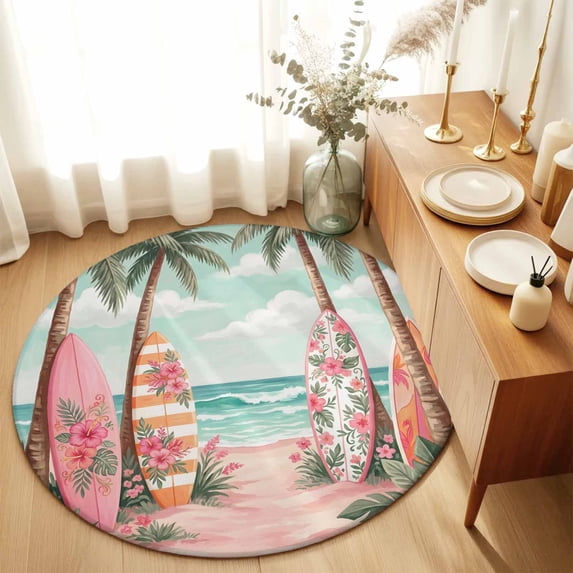Area Rug 60in, Tropical Coconut Tree Surfboards Floor Carpet Living ...