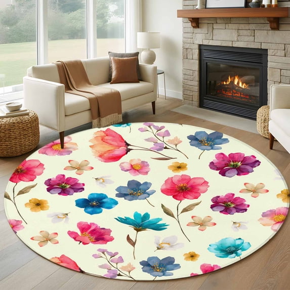Area Rug 60in, Watercolor Flower on Light Yellow Floor Carpet Living ...