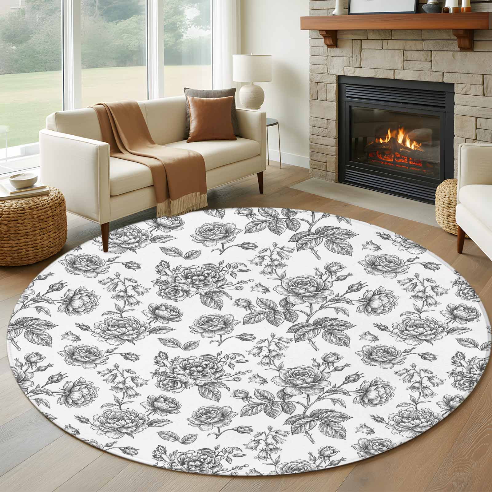 Area Rug 60in, Watercolor Rustic Flower Leaf Floor Carpet Living Room ...