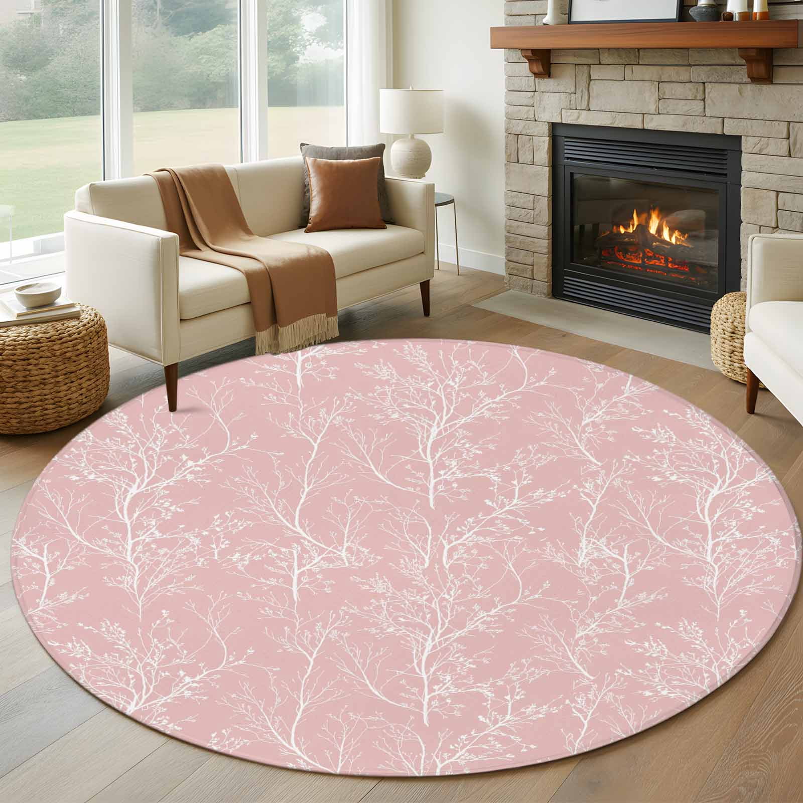 Area Rug 60in, White Tree Sketch on Pink Floor Carpet Living Room Rug ...