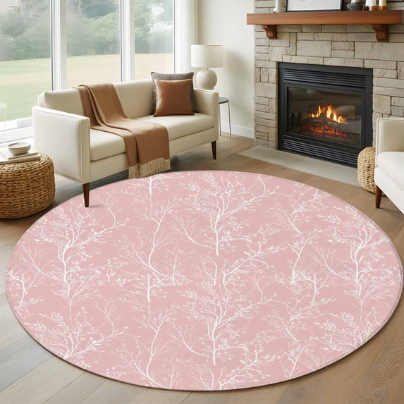 Area Rug 60in, White Tree Sketch on Pink Floor Carpet Living Room Rug ...