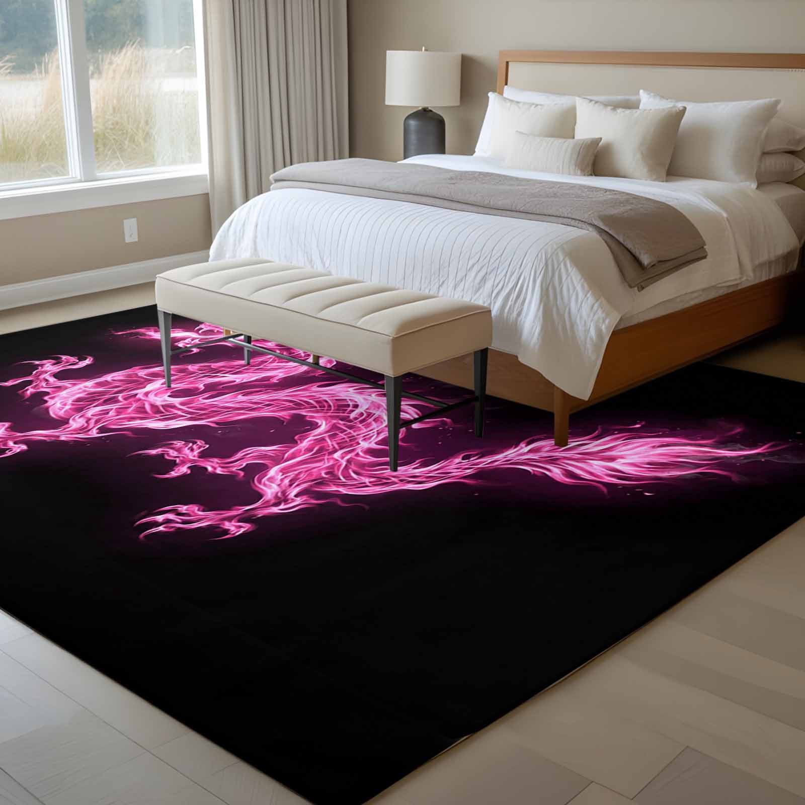 Area Rug 72×108in, Abstract Pink Flames Dragons on Black Floor Carpet ...