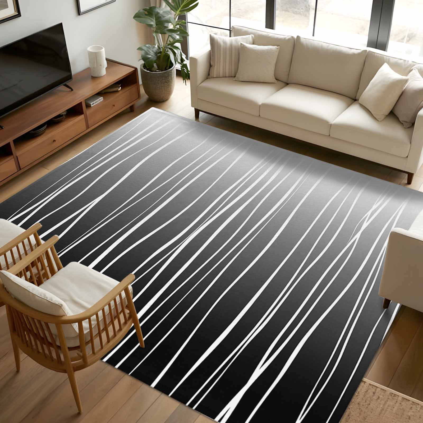 Area Rug 72×108in, Abstract Stripes on Black Background Floor Carpet ...