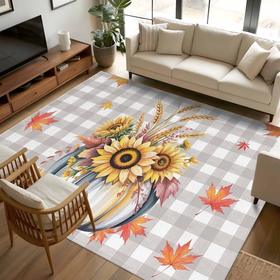 Area Rug 72×108in, Autumn Blue Pumpkins Sunflowers Leaves Floor Carpet ...