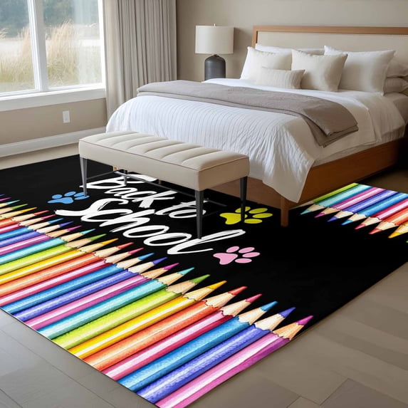 Area Rug 72×108in, Back to School Paw Print on Black Floor Carpet ...