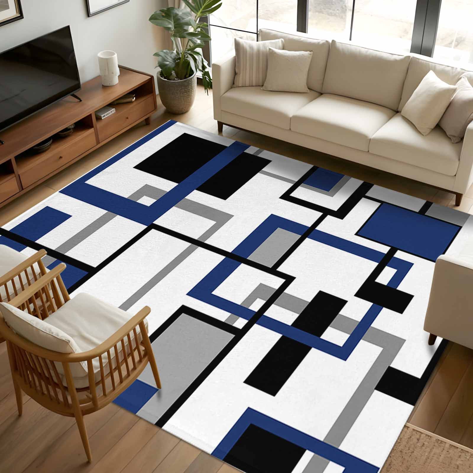 Area Rug 72×108in, Blue Black Grey Geometric Rectangle Floor Carpet ...